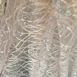 Fairytale Sage Green Stripe Sequins Cream Mesh Fabric - OneYard