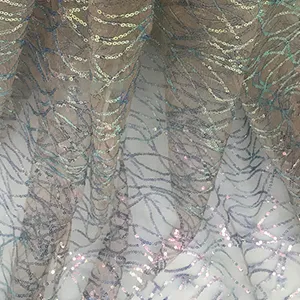 Fairytale Sage Green Stripe Sequins Cream Mesh Fabric - OneYard