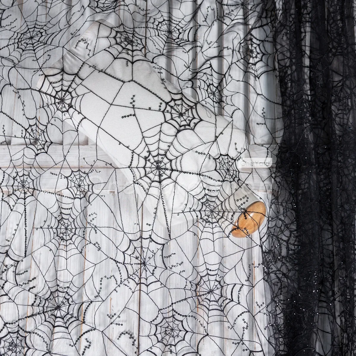 Sequinned Black Spider Web Pattern Mesh Lace Fabric - OneYard