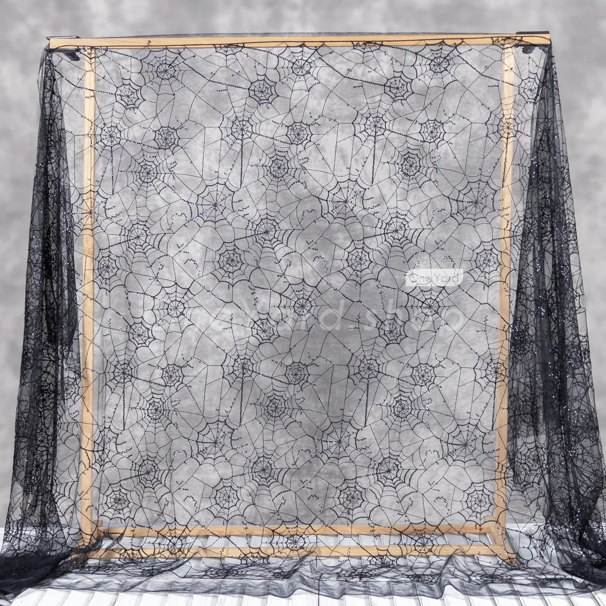 Sequinned Black Spider Web Pattern Mesh Lace Fabric - OneYard