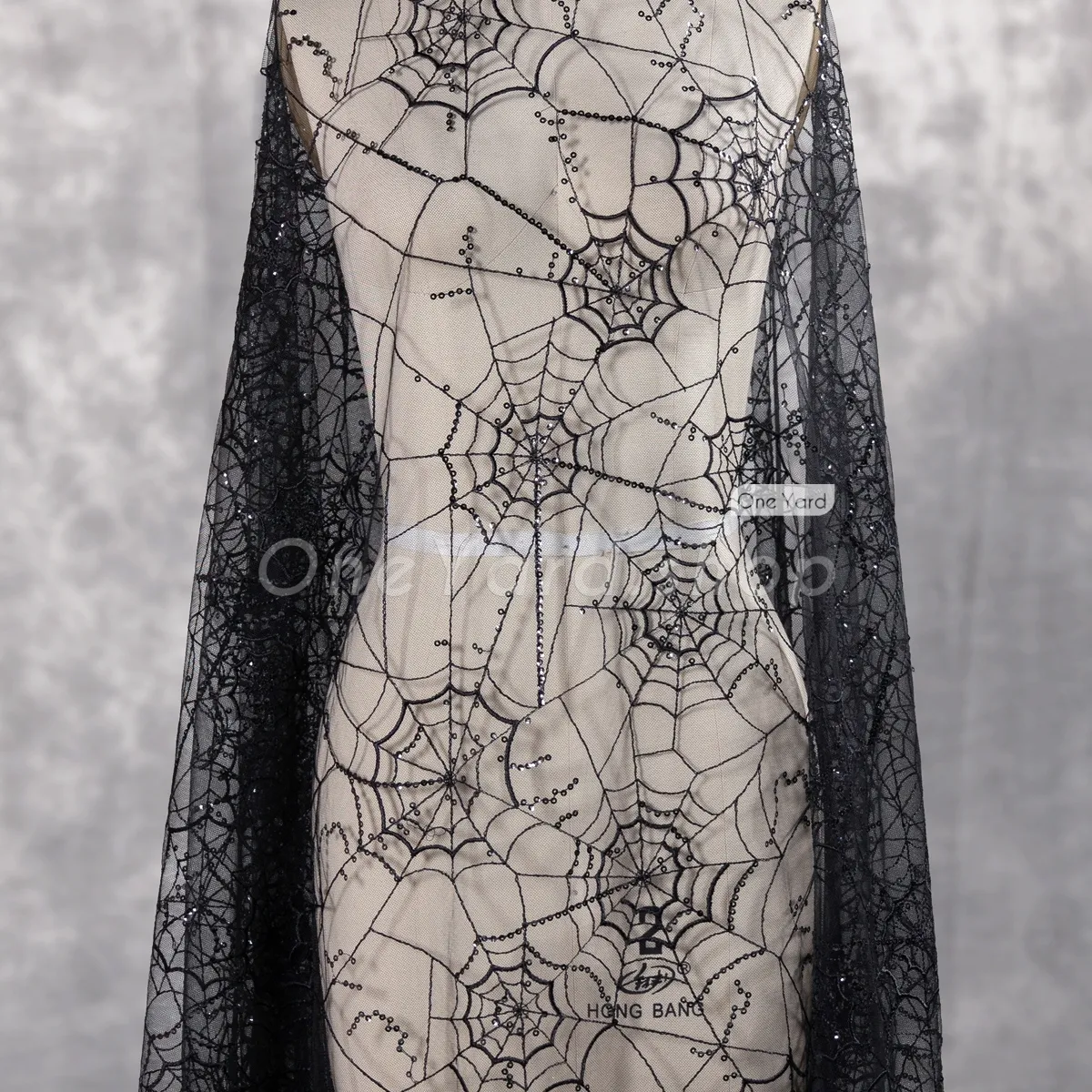 Sequinned Black Spider Web Pattern Mesh Lace Fabric - OneYard