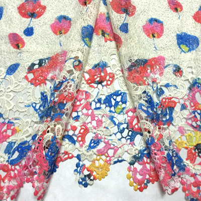 Green & Red Floral Embroidery White Mesh Lace Fabric - OneYard