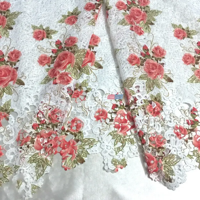 Pink Floral Printed Hollow White Chemical Lace Fabric - OneYard