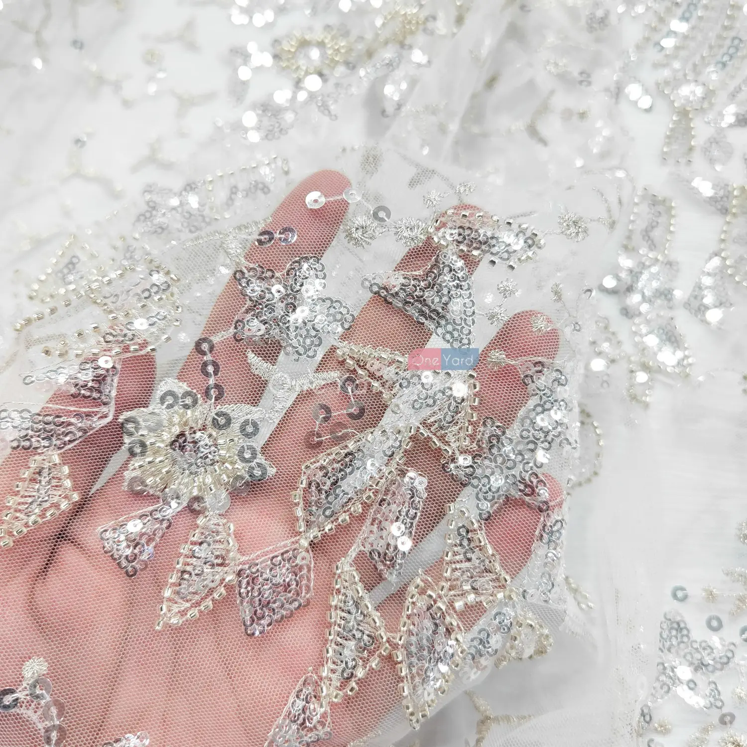 Metallic Silver & Gold Mixed Beaded Sequin Lace Fabric - OneYard