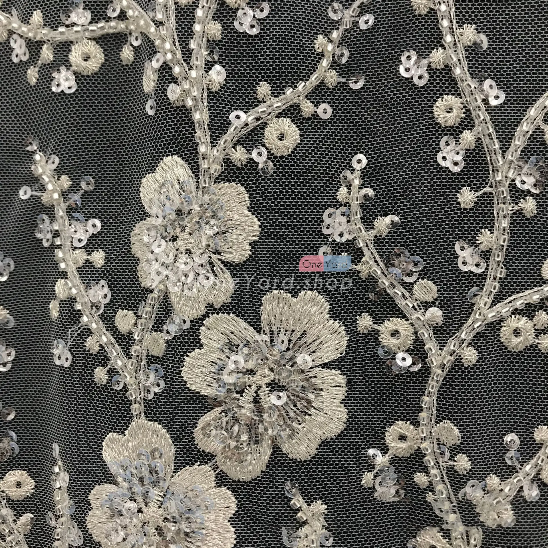Sparkly Sequinned Ivory White Embroidery Twig Lace - OneYard
