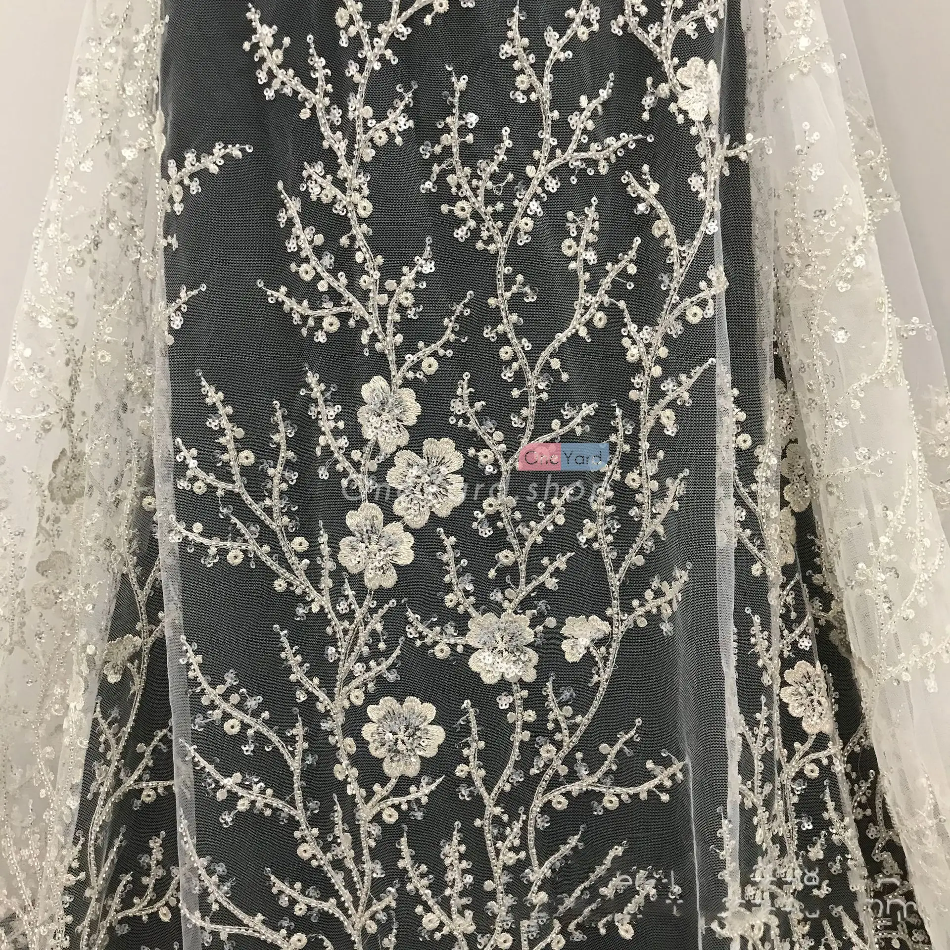 Sparkly Sequinned Ivory White Embroidery Twig Lace - OneYard