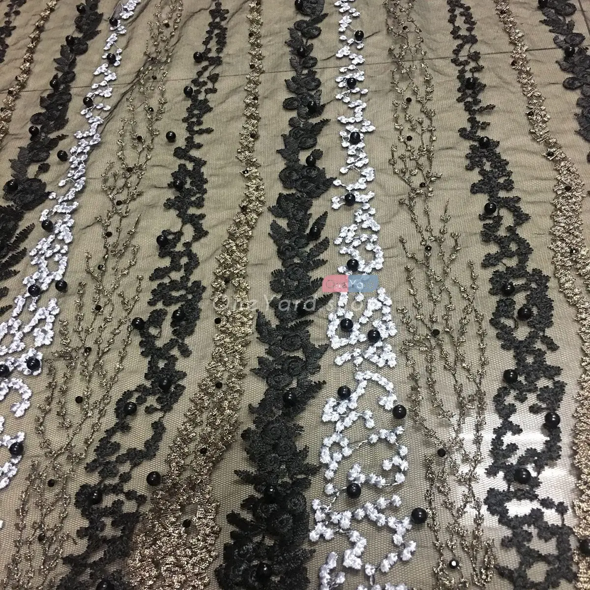 Vertical Stripes Embroidery Lace Couture Fabric - OneYard