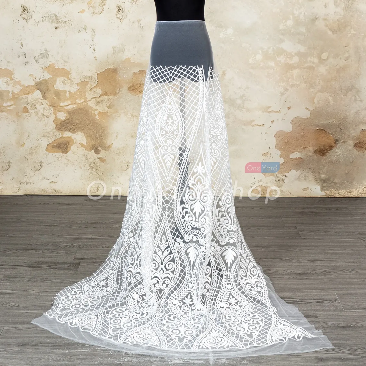 Vintage Geometric Pattern Ivory Embroidery Lace Fabric - OneYard