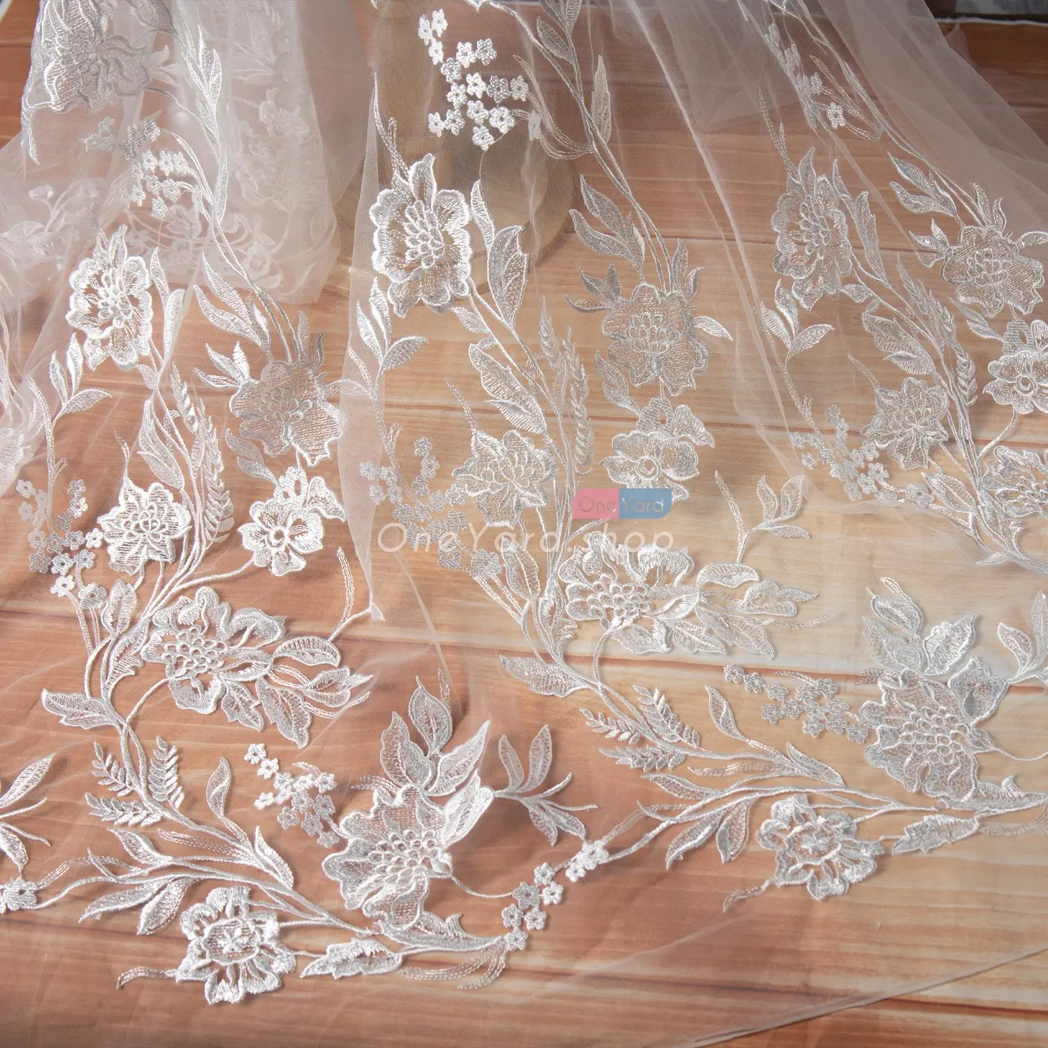 Fashionable Floral Ivory Lace with Transparent Sequins - OneYard