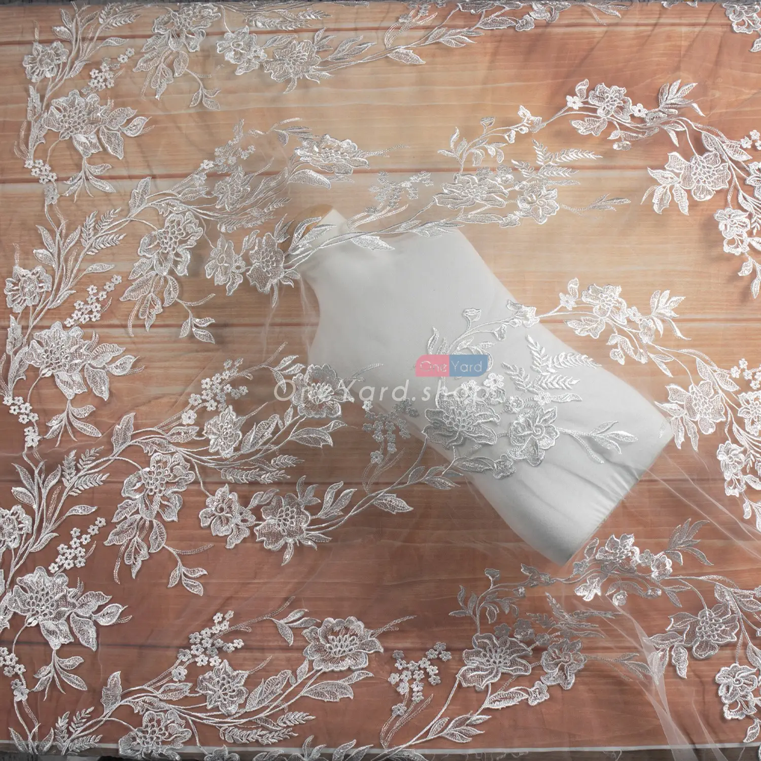 Fashionable Floral Ivory Lace with Transparent Sequins - OneYard