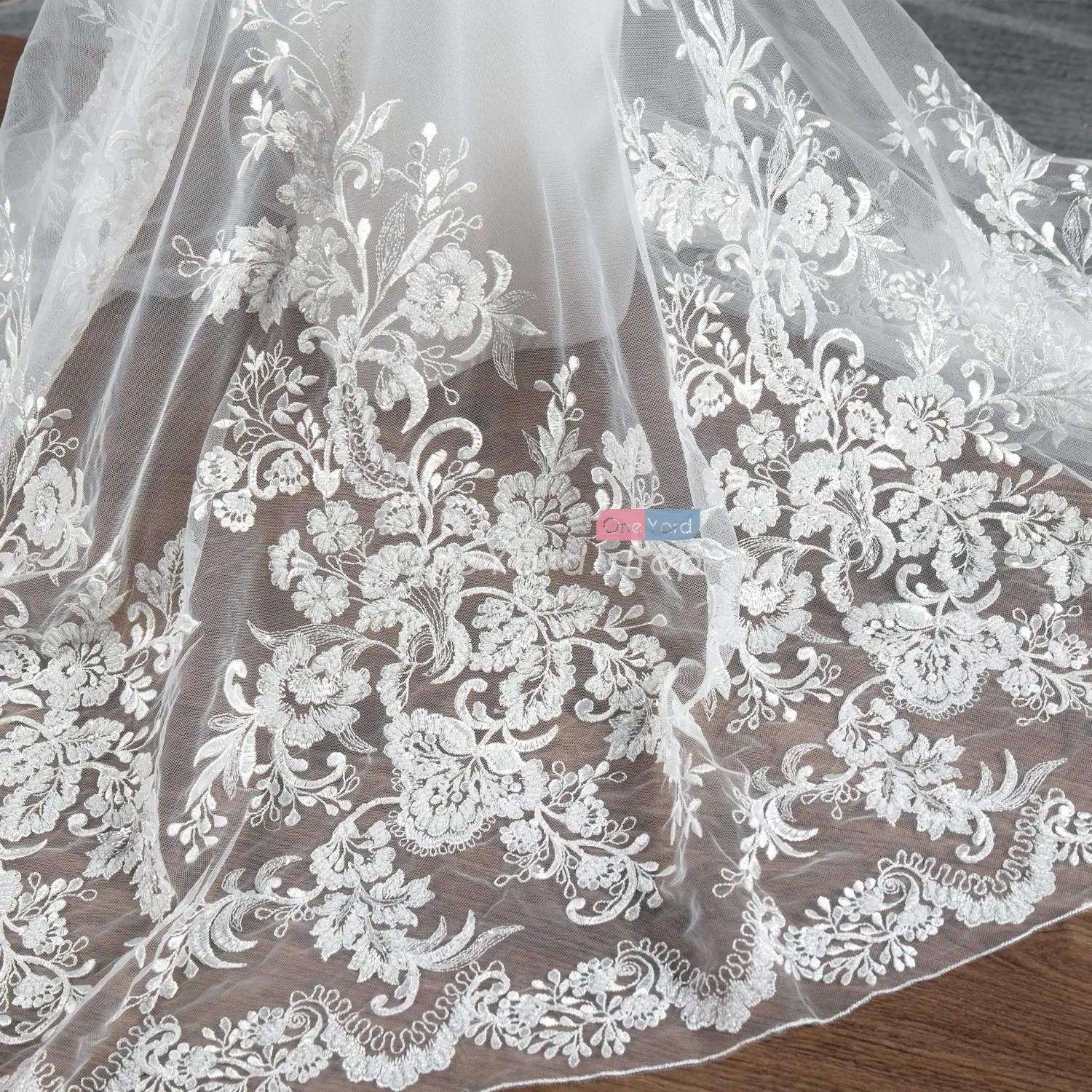 Beaded Floral Ivory Couture Lace Fabric by the Yard - OneYard