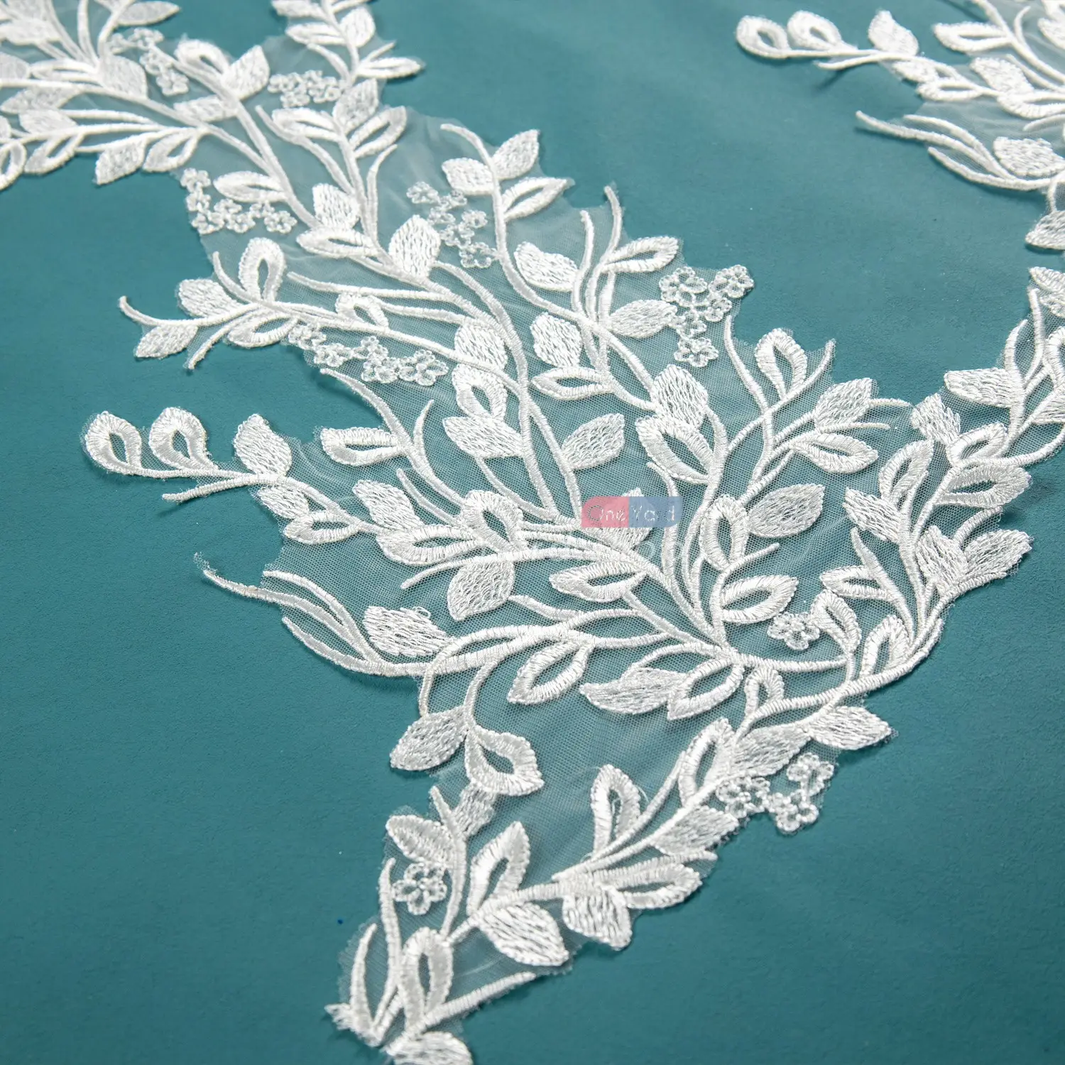 Leaf Pattern Ivory Embroidered Lace Large Applique - OneYard