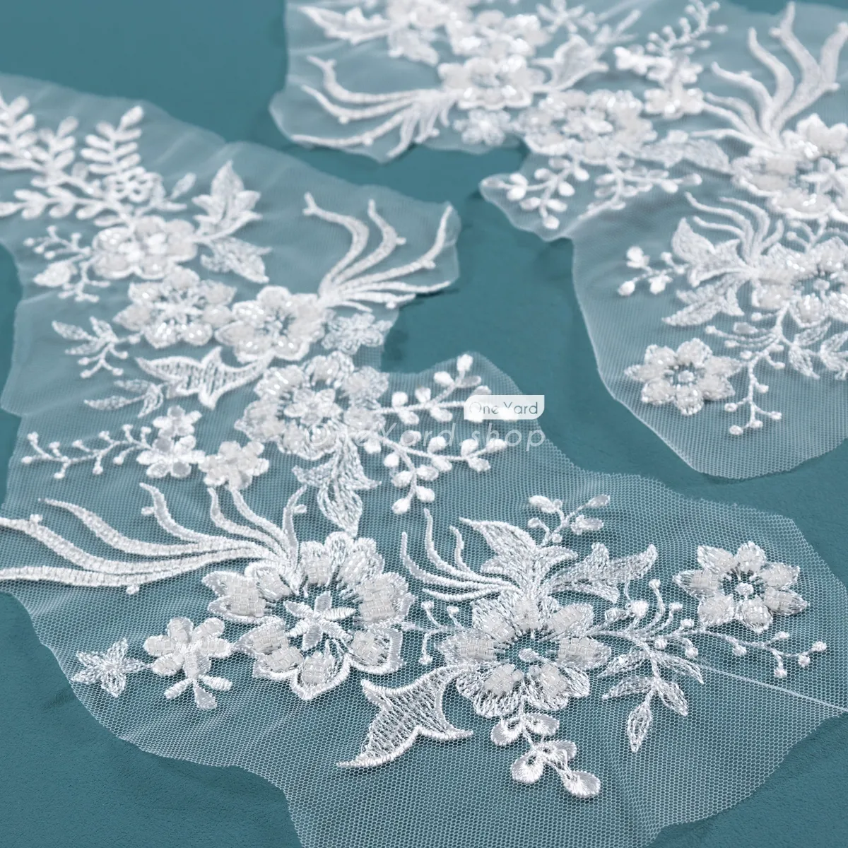 Beaded Floral Pattern White Heavy Bridal Lace Appliques - OneYard