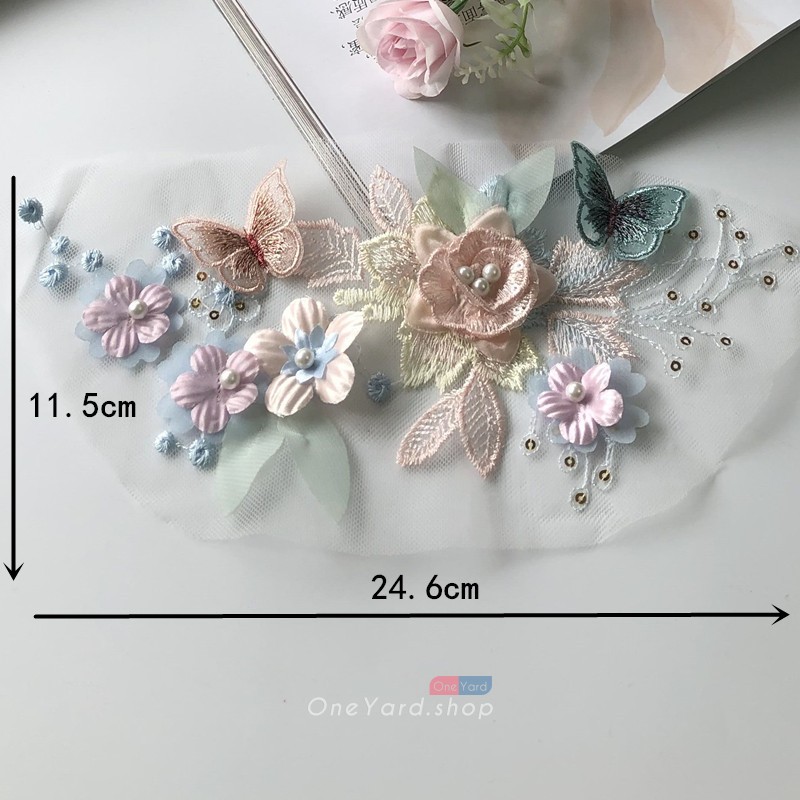 Beaded Fairy 3D Flower & Butterfly Emdroidery Applique - OneYard