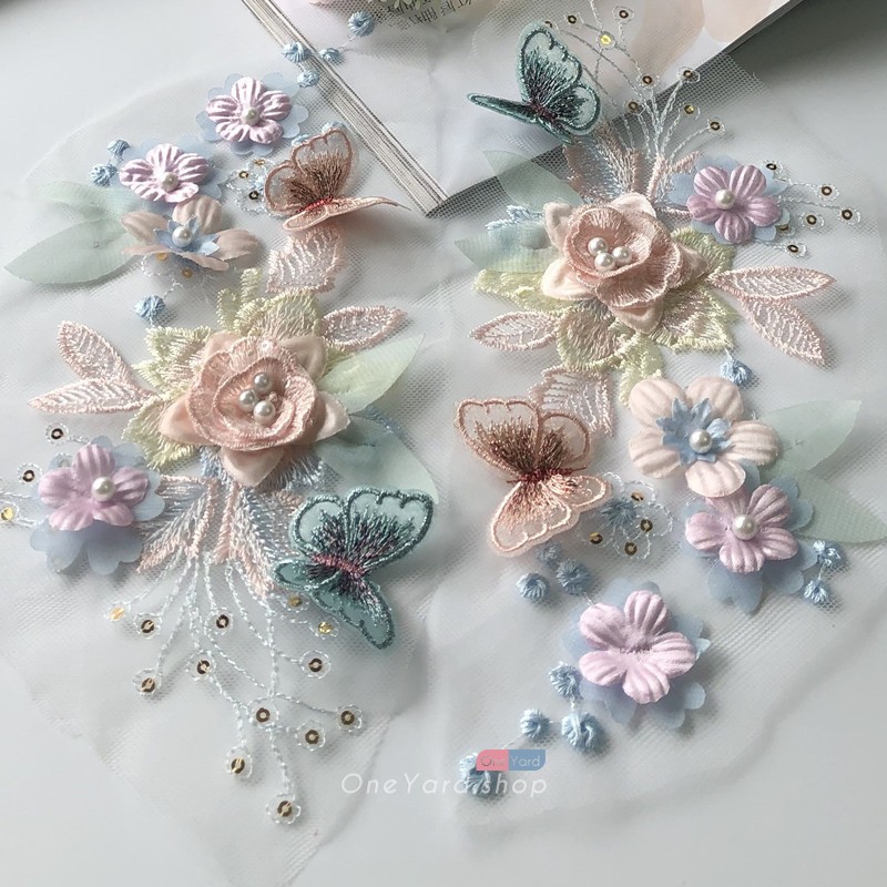 Beaded Fairy 3D Flower & Butterfly Emdroidery Applique - OneYard