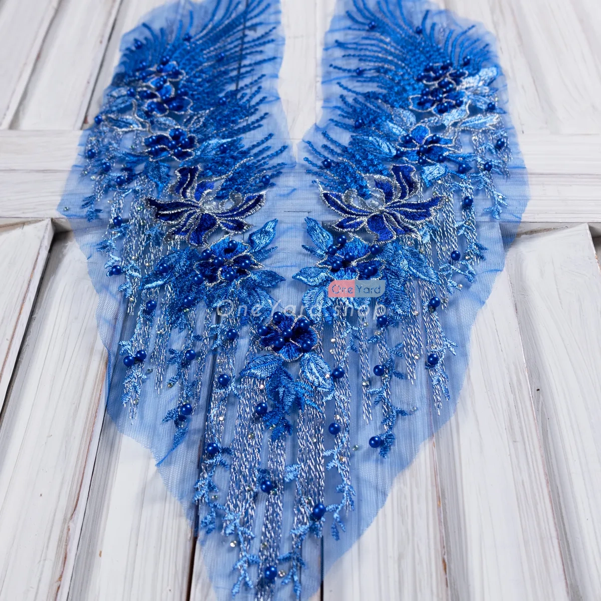 Pearl Beaded Embroidery Flower Dressmaking Applique - OneYard