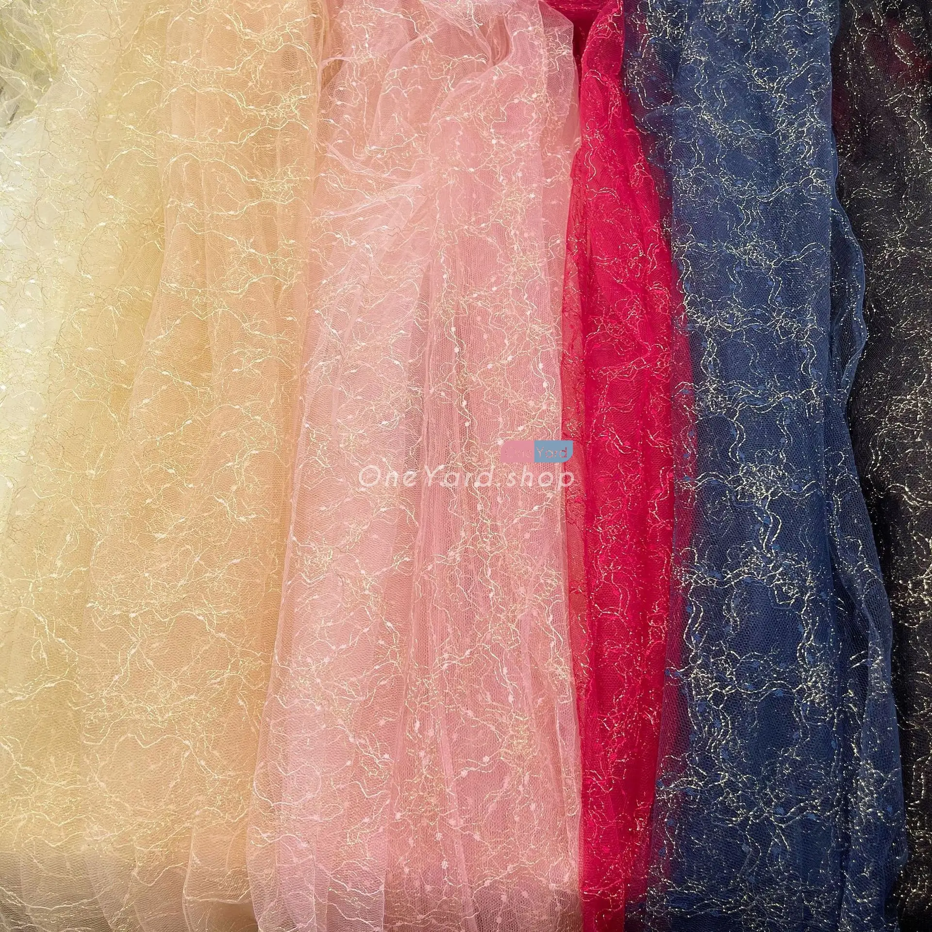 Nylon Mesh with Rhombus Gold Thread Jacquard Fabric - OneYard