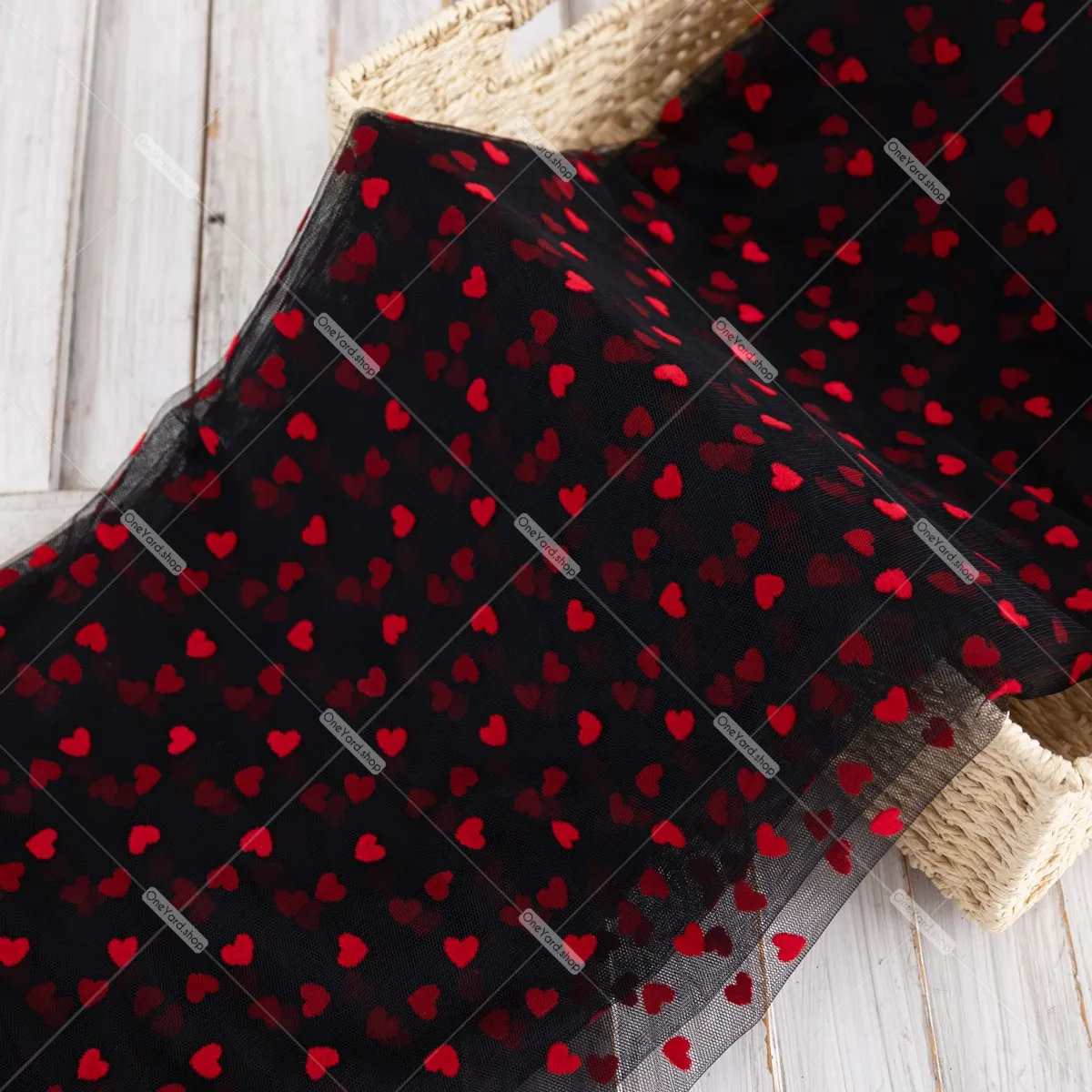 Red Velvet Heart on Black Mesh Tulle Fabric by the Yard - OneYard